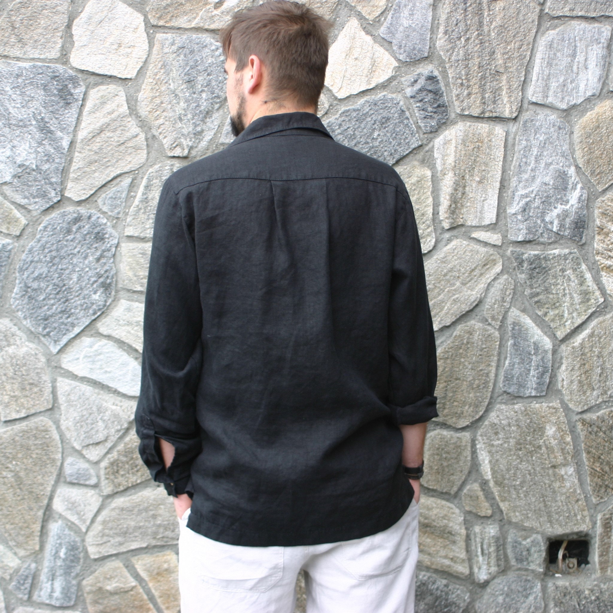 Black Linen Classic Shirt for Men BOR, Long Sleeve Linen Shirt, Linen ...