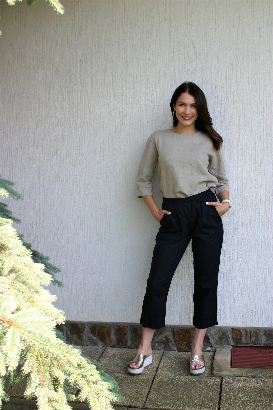 Linen Pants MILA, Linen Capris for Women, Deep Blue Pants, Tapered ...
