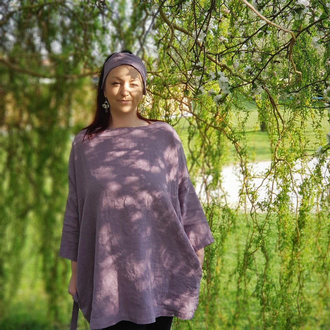 Purple Linen Tunic NAL, Simple Linen Tunic With Pockets, Oversize Linen ...