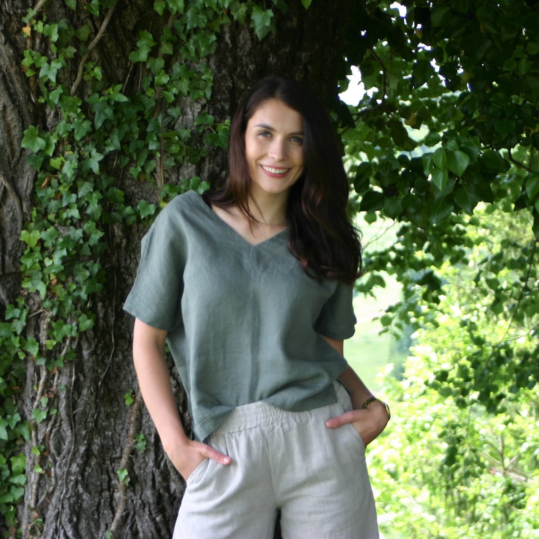 The Green Linen Top for Women NANA, V-neck, Summer Shirt, the Green ...