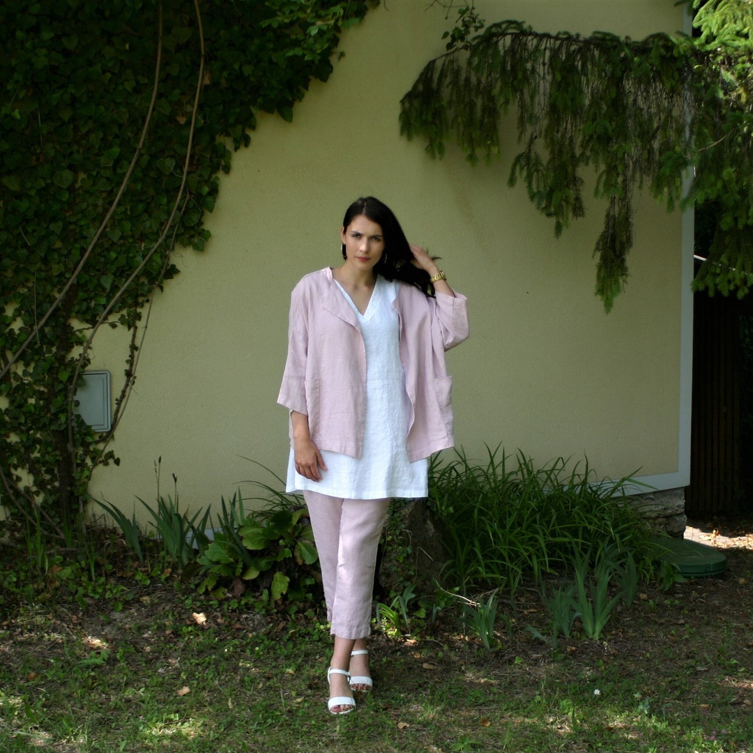 Linen Casual Jacket TEJA, Flax Jacket With 3/4 Sleeves, Jacket in Pink ...