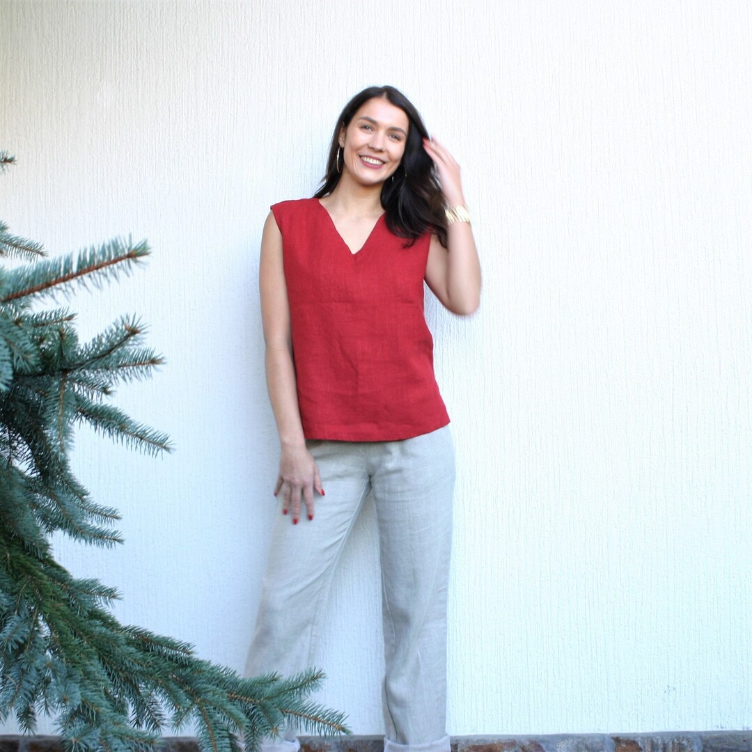 Red Linen Top NIT, Red Clothing, Clothing for Women, V-neck Top ...