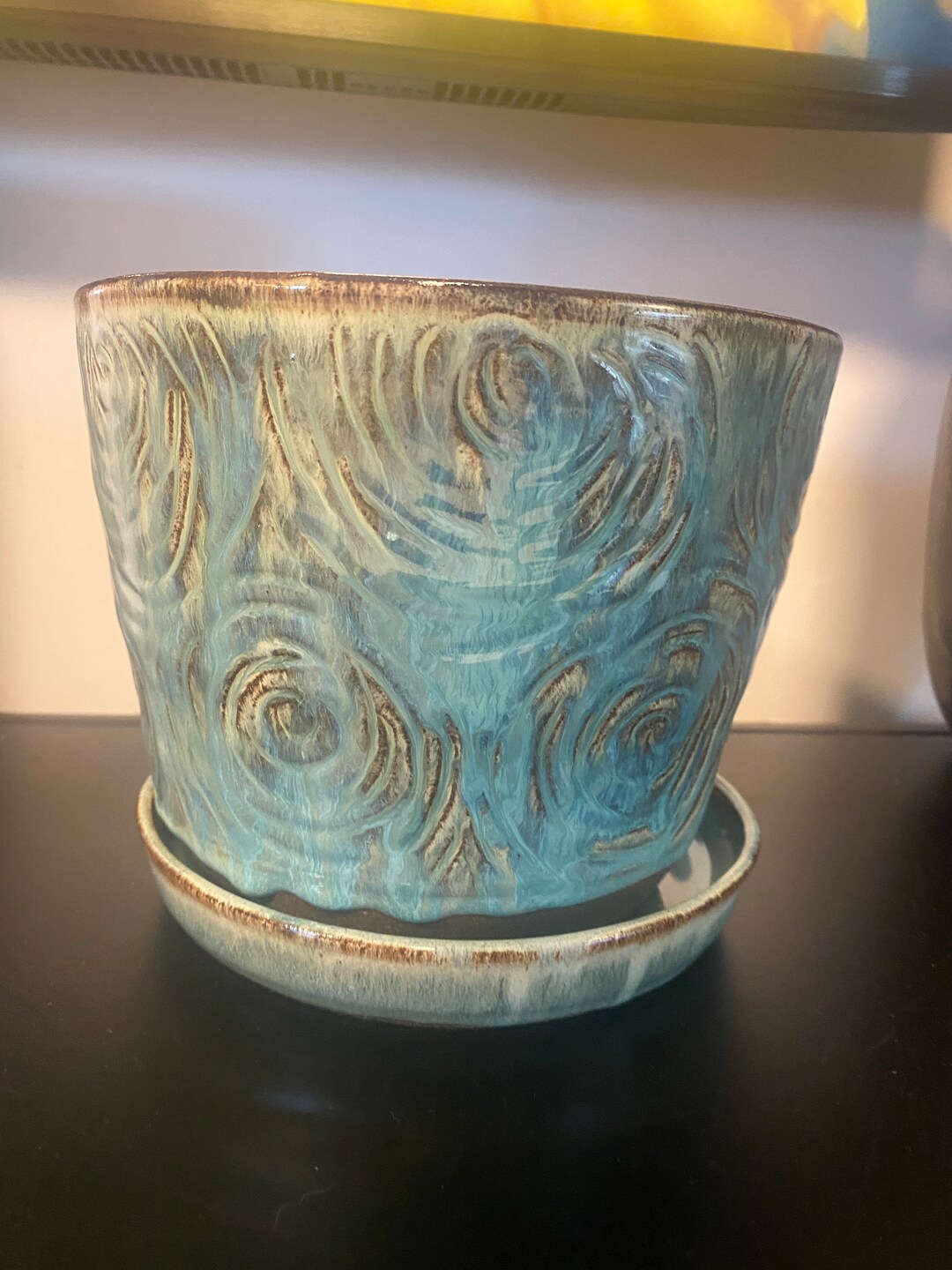Handmade Ceramic Planter With Saucer, Decorative Flower Pot Blue Glazed ...