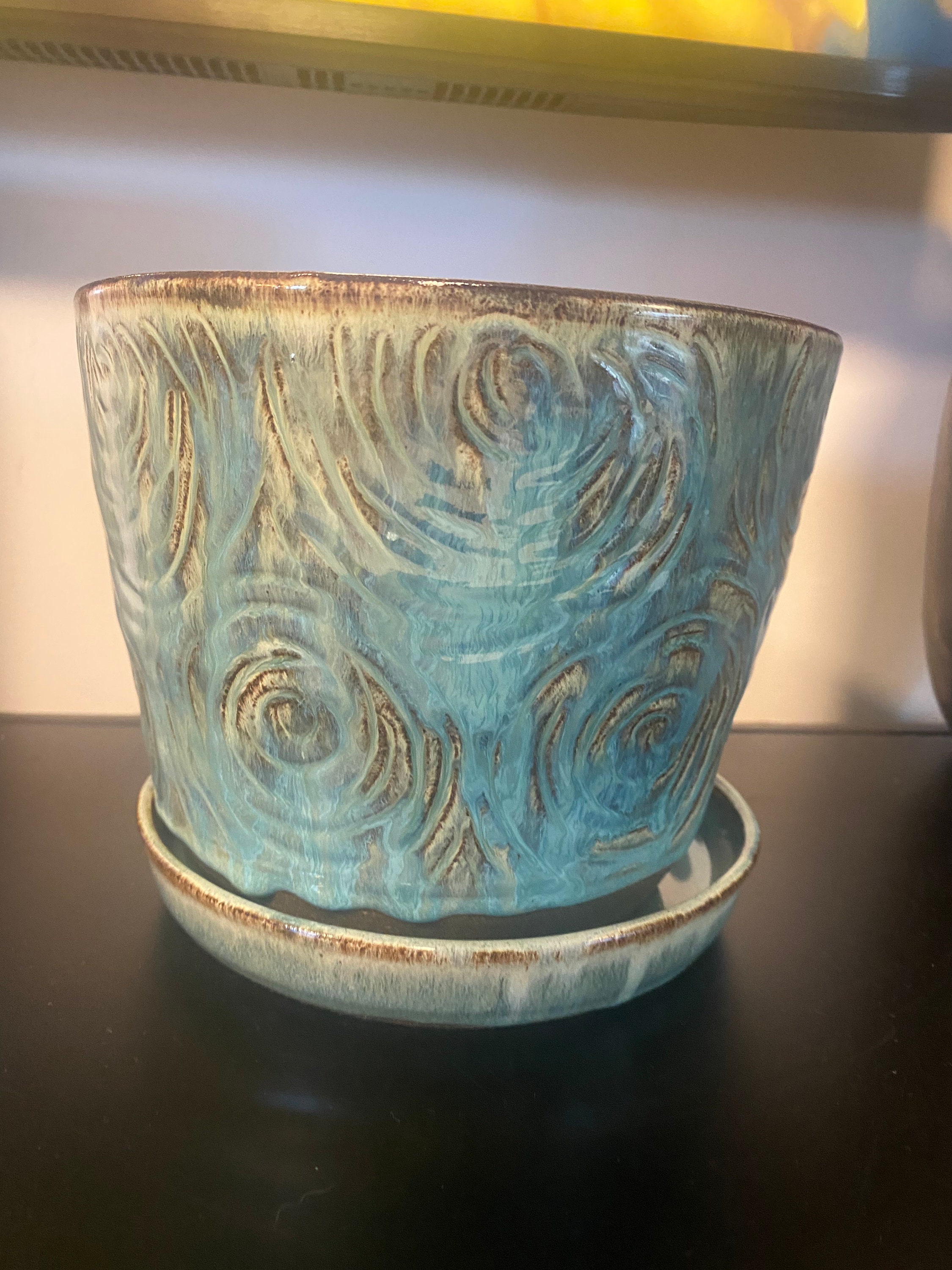 Handmade Ceramic Planter With Saucer, Decorative Flower Pot Blue Glazed ...