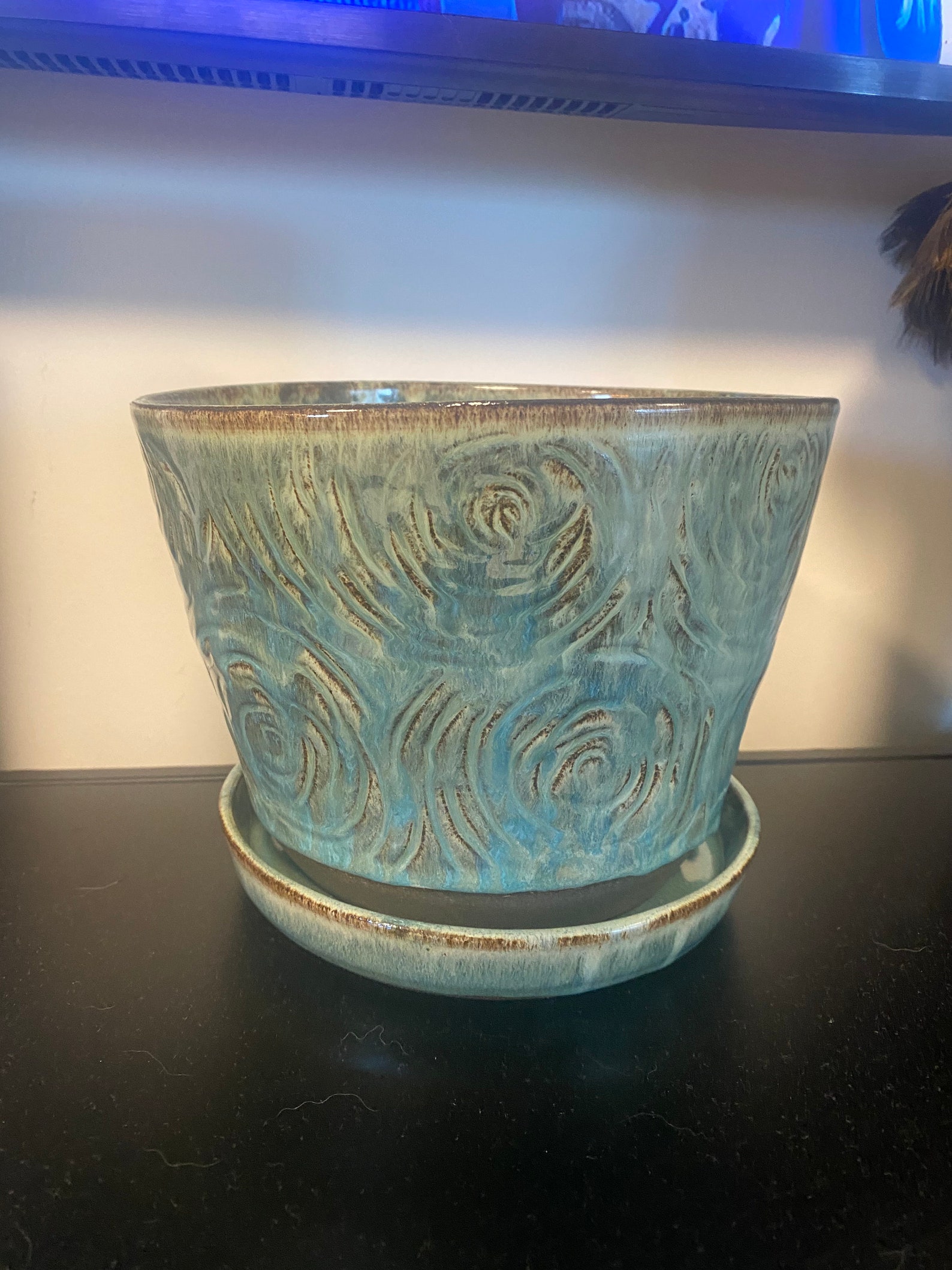 Handmade Ceramic Planter With Saucer, Decorative Flower Pot Blue Glazed ...