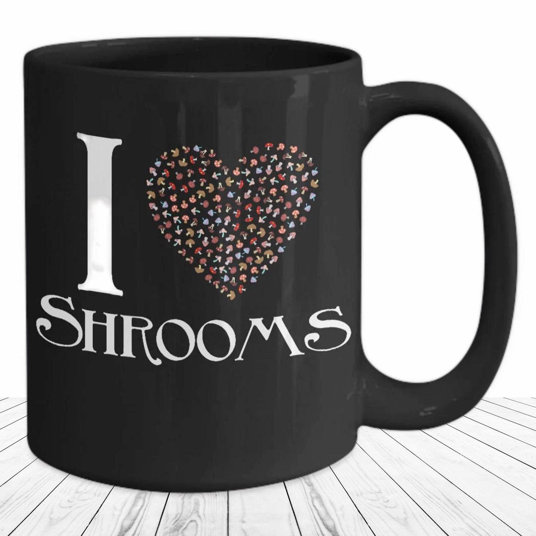 Mushroom Love Mug I Heart Shrooms Black Coffee Cup Funny Gift for ...