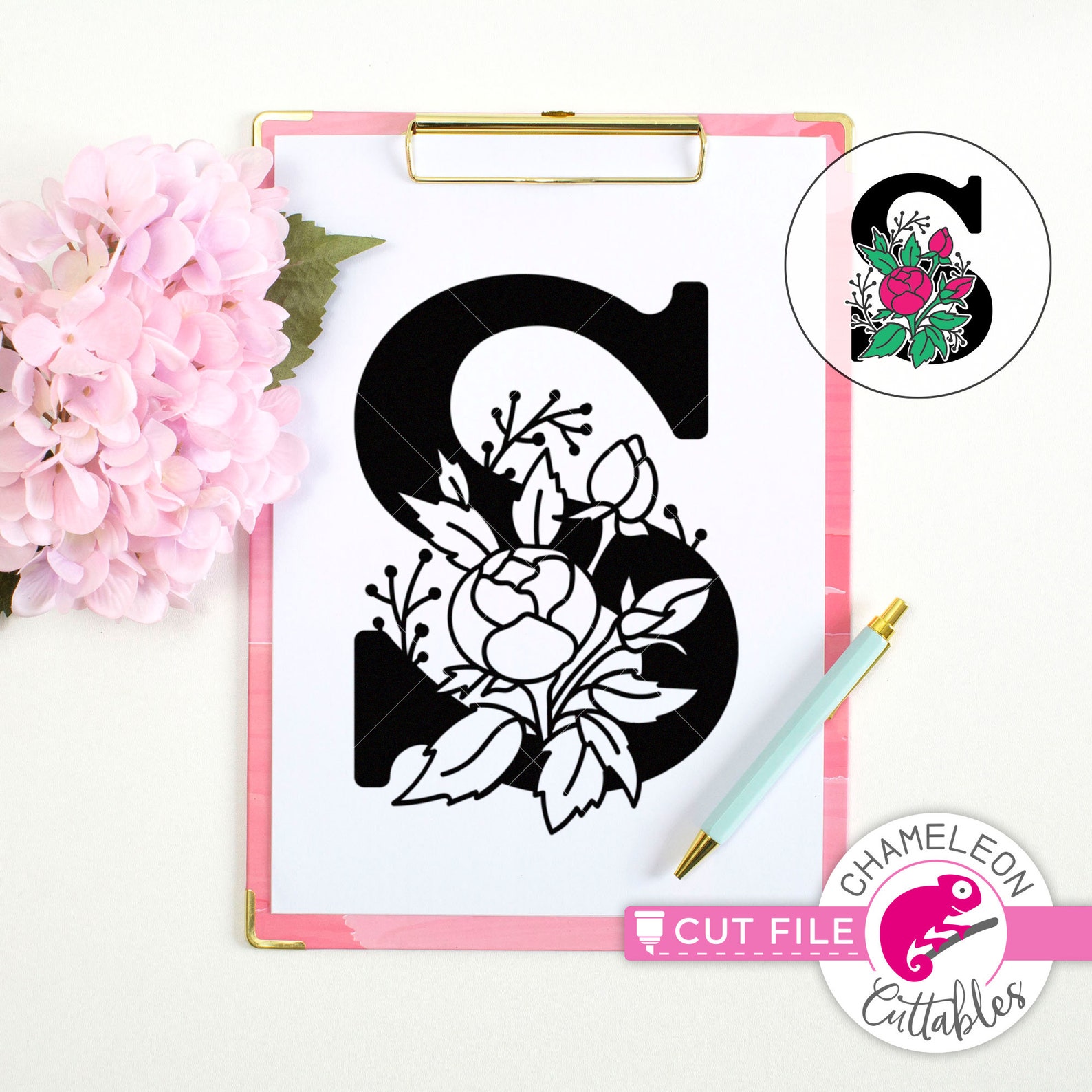 S Floral Monogram Letter With Flowers, SVG, Png, Dxf, Jpeg File for ...
