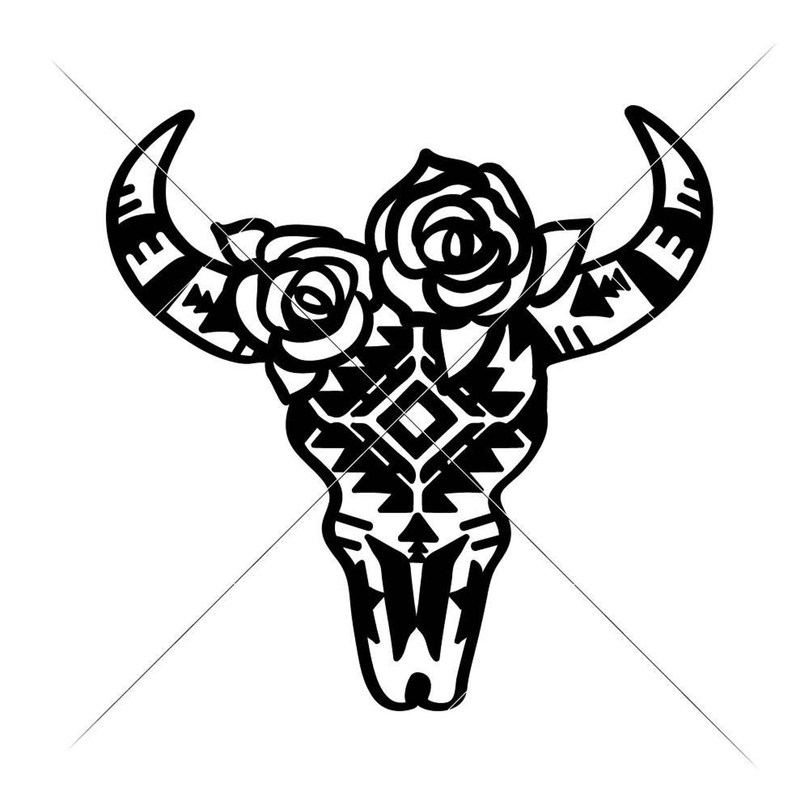 SVG PNG DXF Jpeg Cow Skull With Aztec Pattern and Roses | Etsy