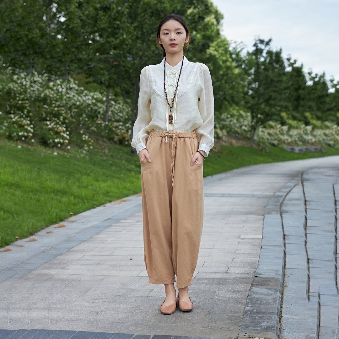 Women Elastic Waist Cotton Pants Soft Casual Loose Boho Trousers Full ...