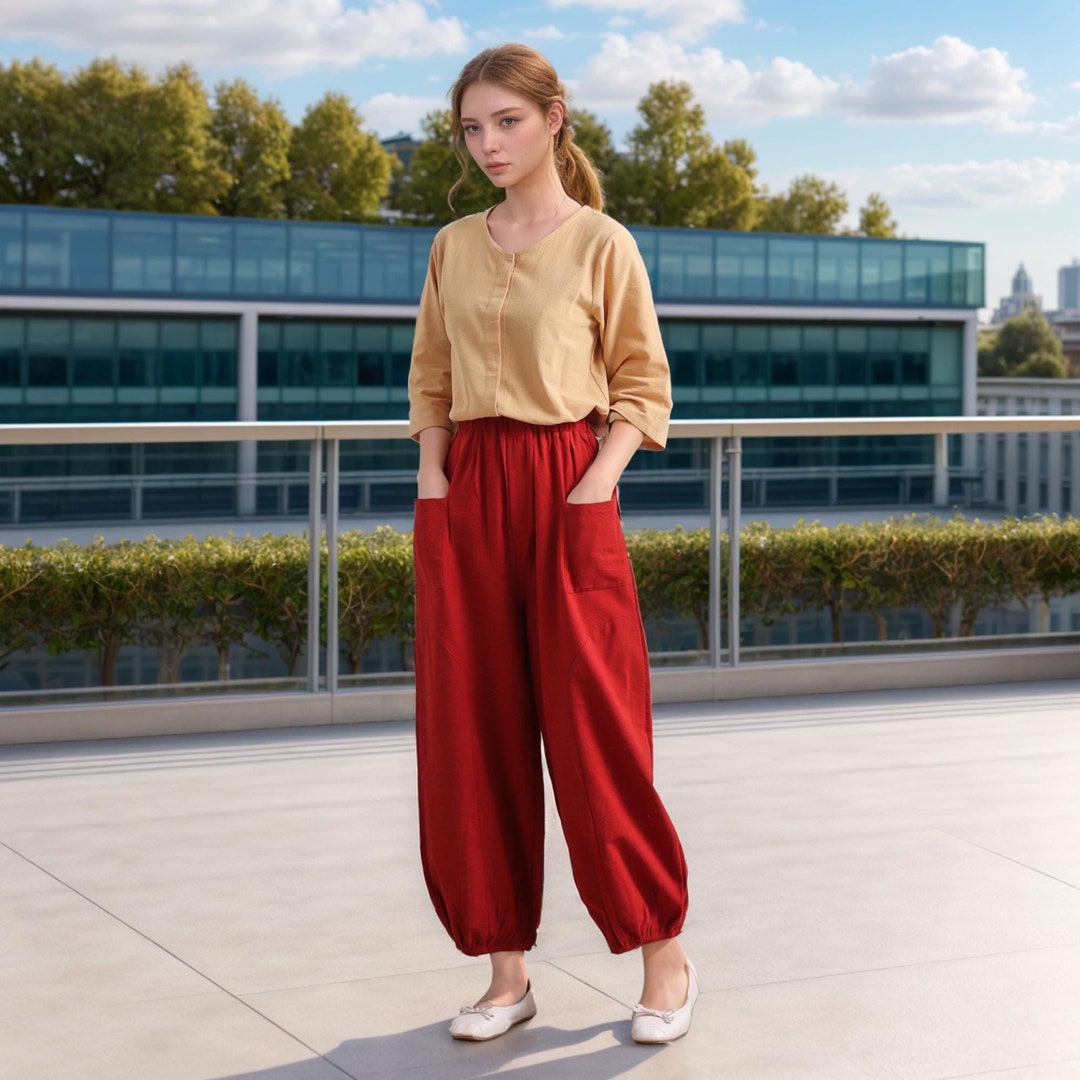 Women Elastic Waist Cotton Pants Soft Casual Loose Boho Trousers Full ...