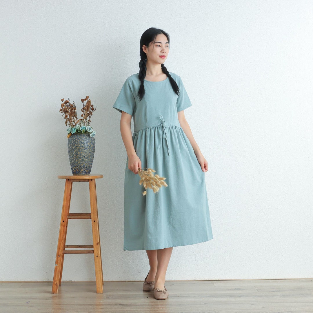 Women Summer Cotton Dresses Short Sleeves Dress Long Midi Dress Loose ...