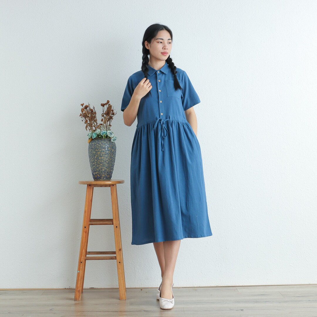 Women Summer Dress Cotton Dresses Short Sleeves Dress Long Knee Dress ...