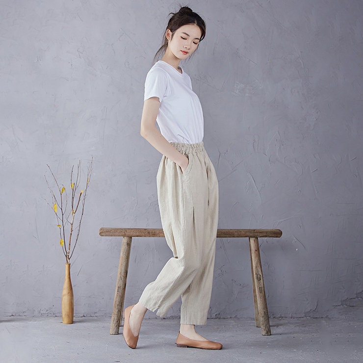 Women Elastic Waist Cotton Pants Soft Casual Loose Boho - Etsy