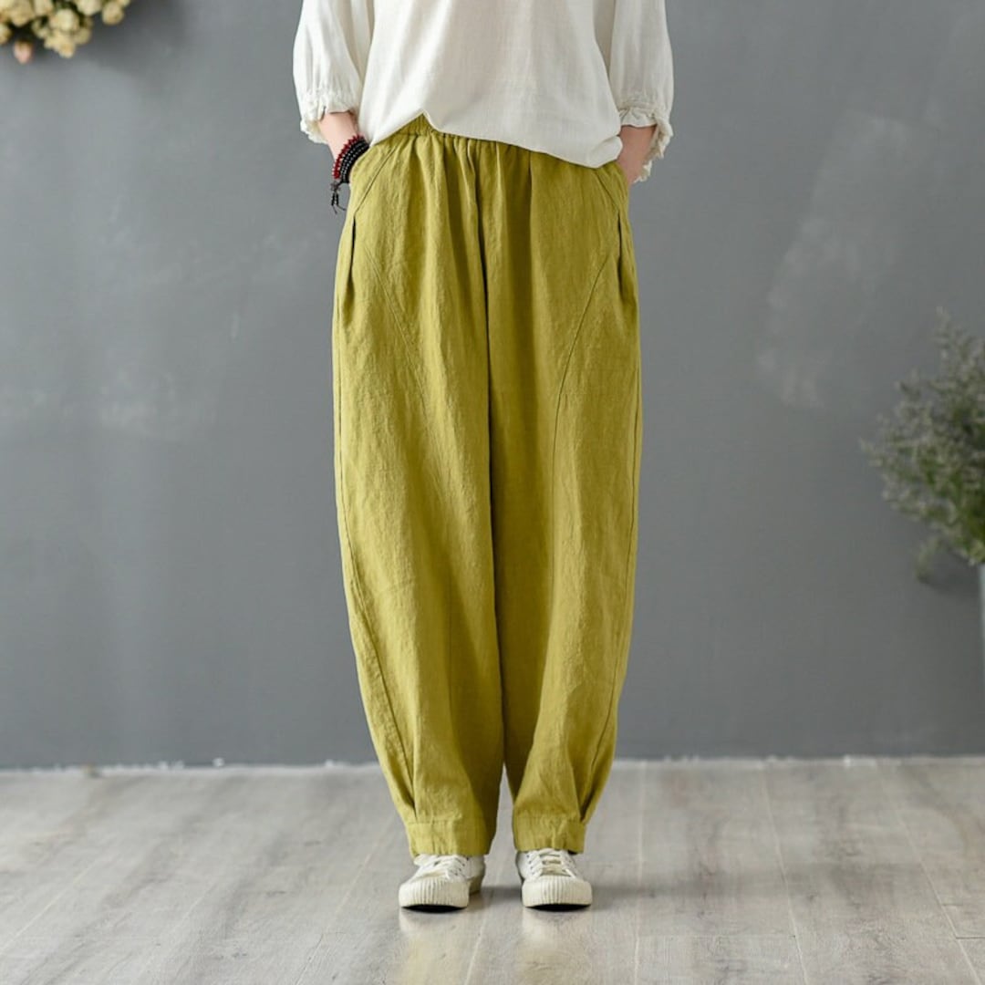 Women Elastic Waist Cotton Pants Soft Casual Loose Boho Trousers Full ...