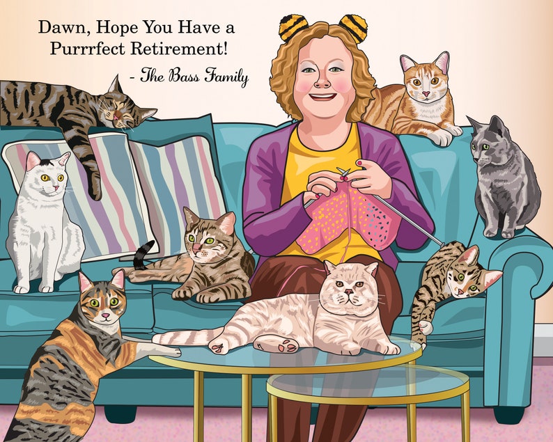 Custom Caricature Retirement Gift, Funny Cat Lady Gift - Etsy