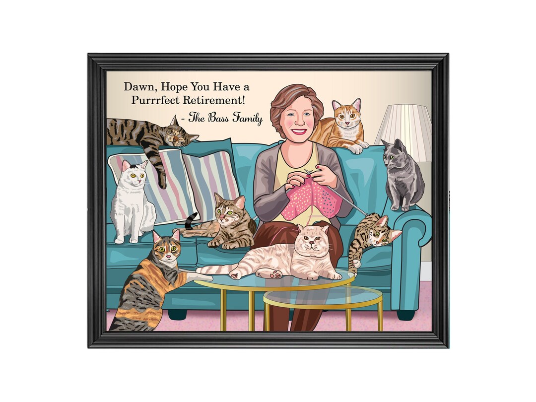 Custom Caricature Retirement Gift, Funny Crazy Cat Lady Retirement Gift ...