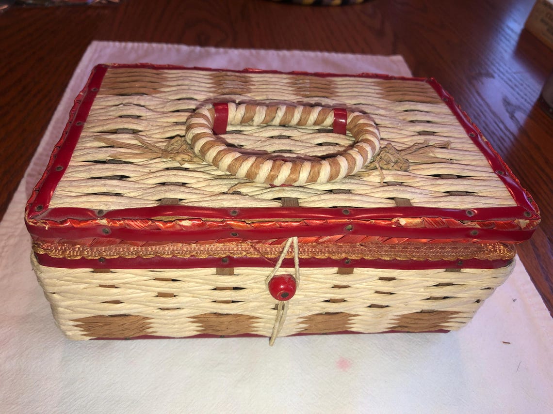 Vintage Wicker Sewing Basket With Notions - Etsy
