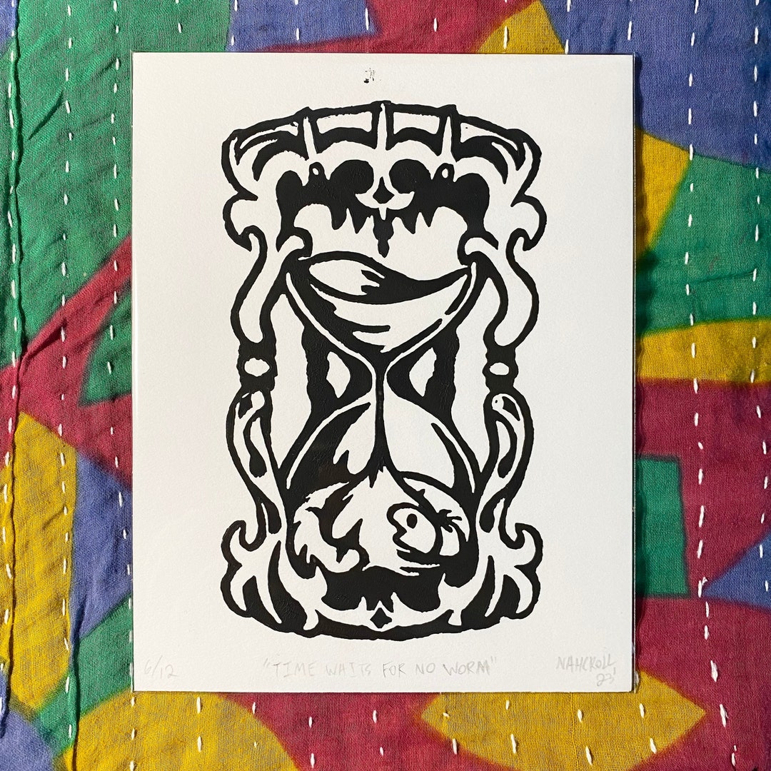 Time Waits for No Worm Linocut Print Printmaking Hourglass Print ...