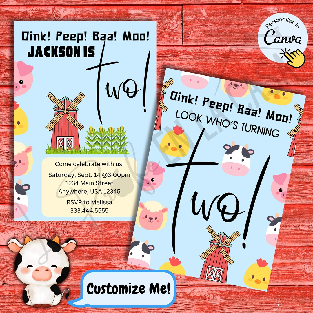 Oink Peep Baa Moo Birthday | Look Who's TWO | 2nd Birthday Invitation ...