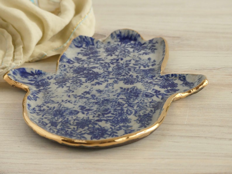 Hand-built Ceramic Hamsa Plate: 24k Gold Luster, Jewelry Dish (9x7 ...