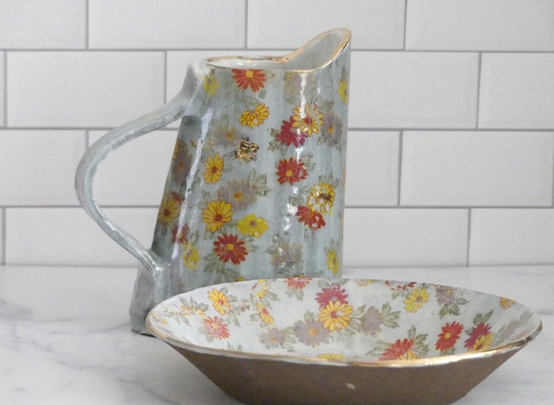 Hand Built Ceramic Pitcher & Bowl vintage Look Housewarming - Etsy