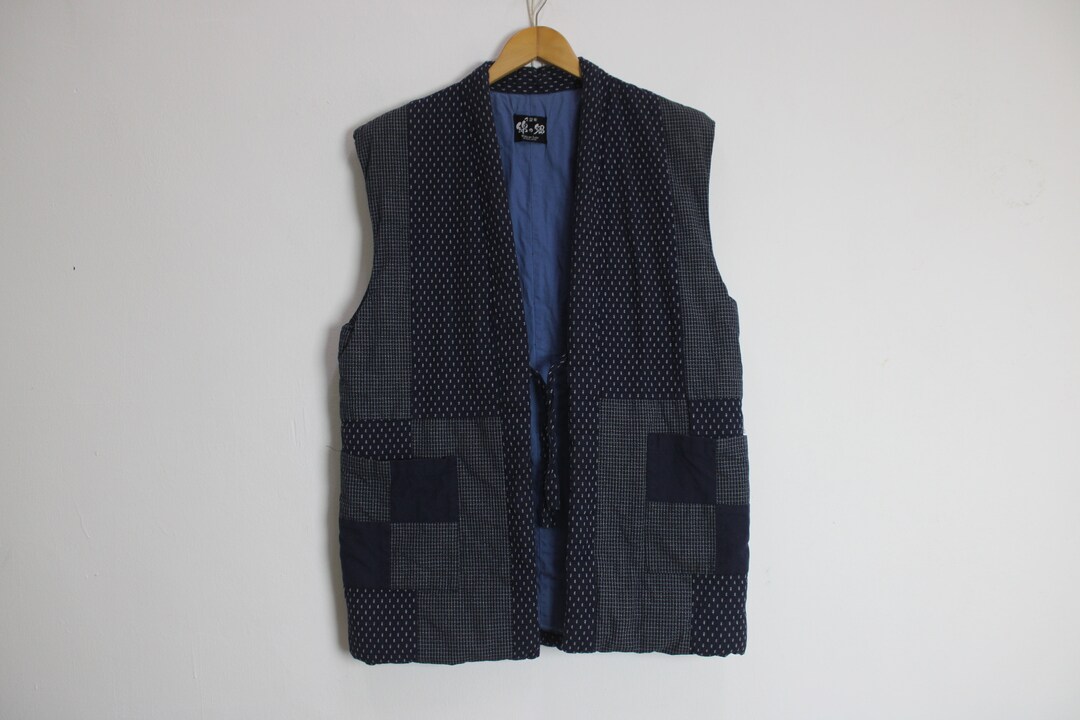 Vtg Japanese Cotton Indigo Blue Padded Vest Jacket Hanten Coat Kimono ...