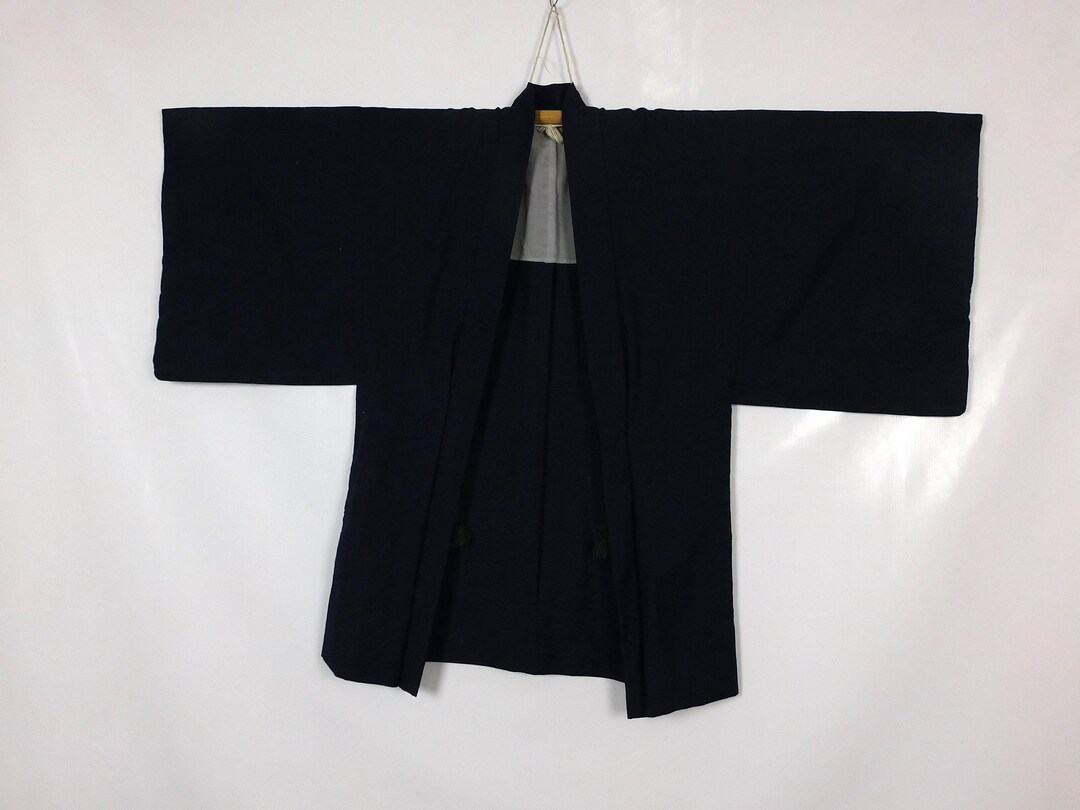 Japanese Men's Haori Blue Wool Folkwear Short Kimono Outer Jacket ...