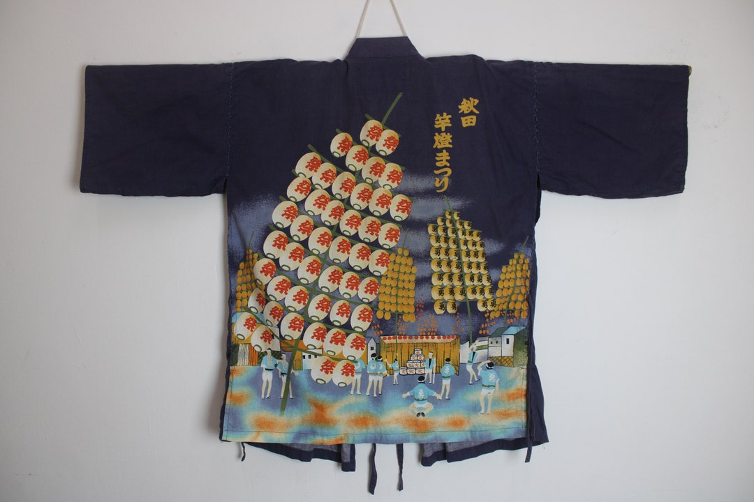 Mens Large Japanese Cotton Jinbei Blue Samue Hanten Hippari Happi Coat ...