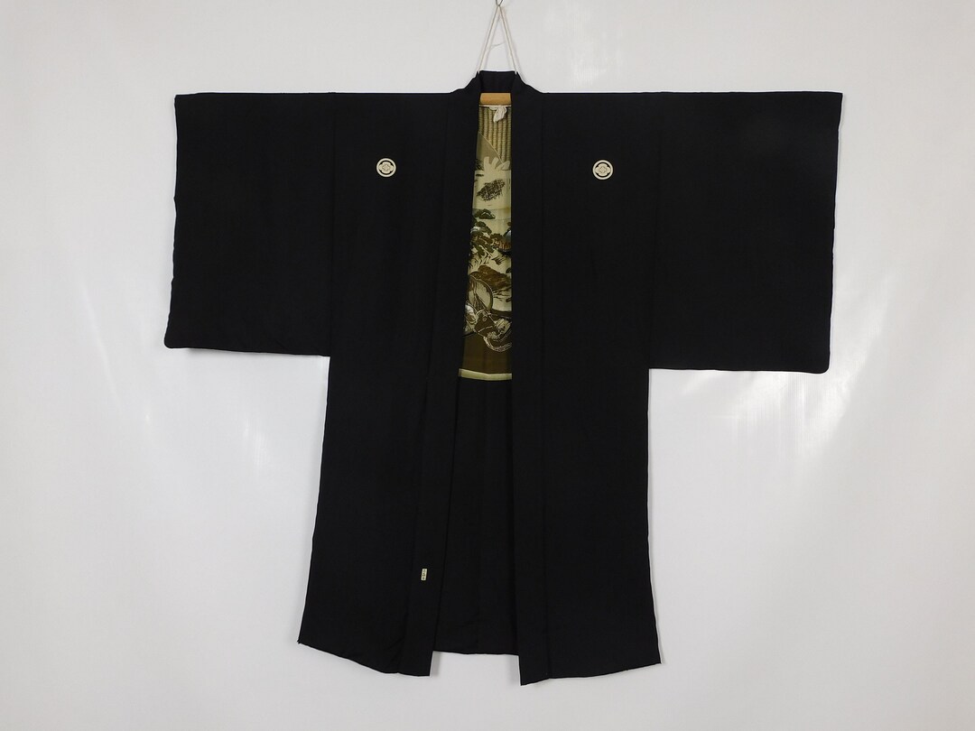 Japanese Men's Haori Black With 5 Family Crests Mon Folkwear Short ...