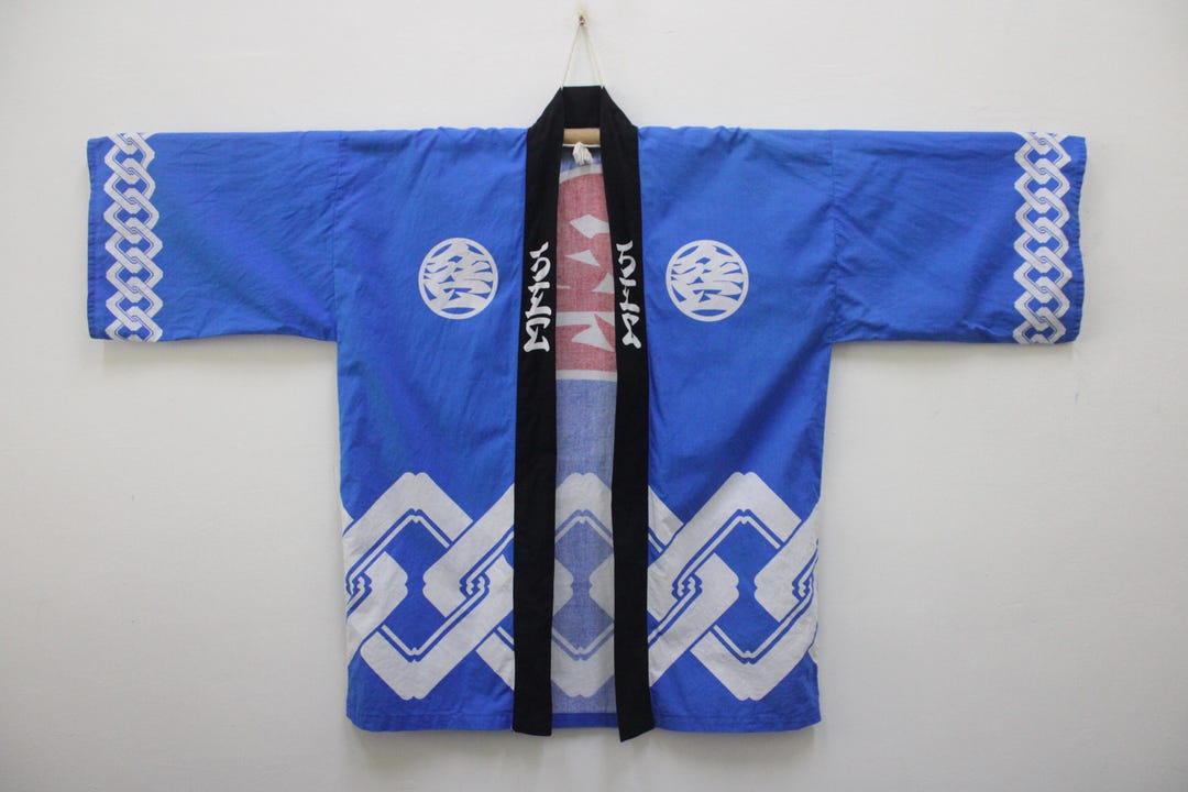 Japanese Cotton Blue Hanten Hippari Happi Coat Short Kimono Jacket Robe ...