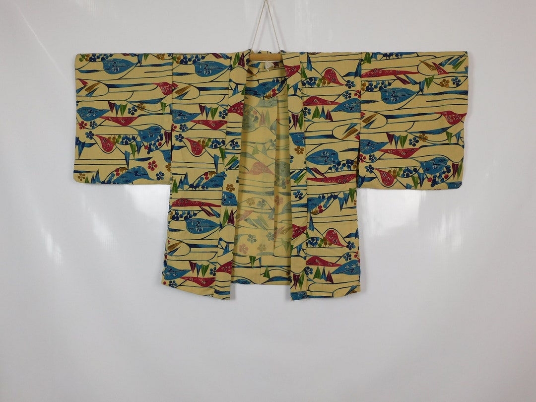 Vintage Japanese Haori Hippari Dochugi Abstract Floral Flower Landscape ...