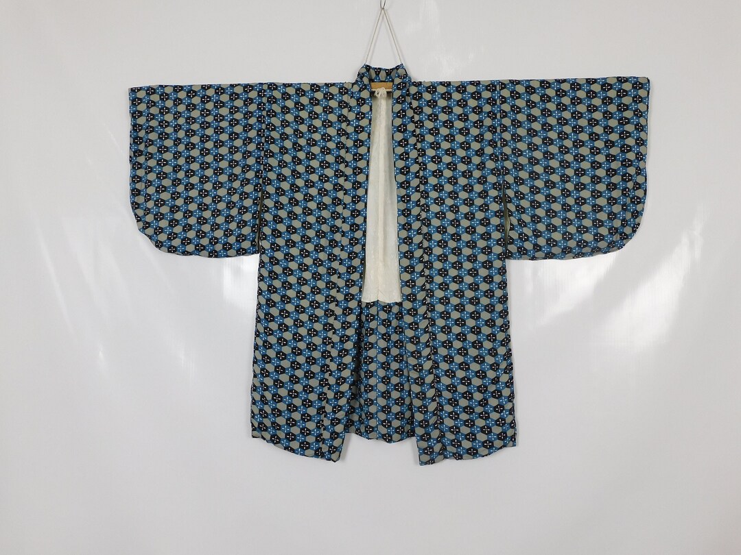 Vintage Japanese Haori Hippari Abstract Geometric Pattern Blue Grey ...