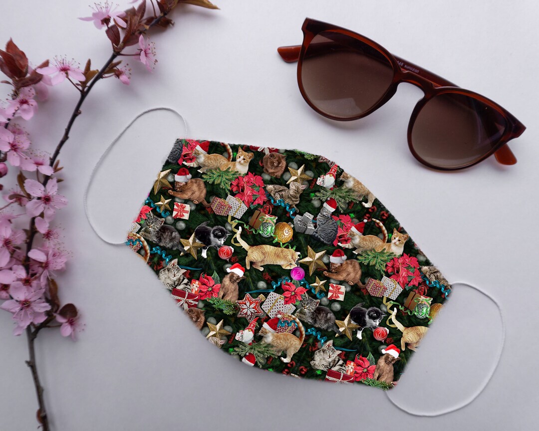 Christmas Cat Animal Print Pattern Adult Fabric Face Mask With Elastic ...