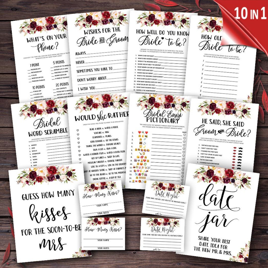 Marsala Bridal Shower Games Bundle, Floral Bridal Shower Games, Instant ...