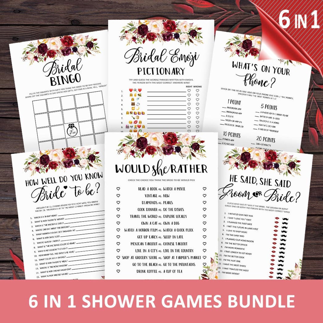 Marsala Bridal Shower Games Bundle, Floral Bridal Shower Games, Instant ...
