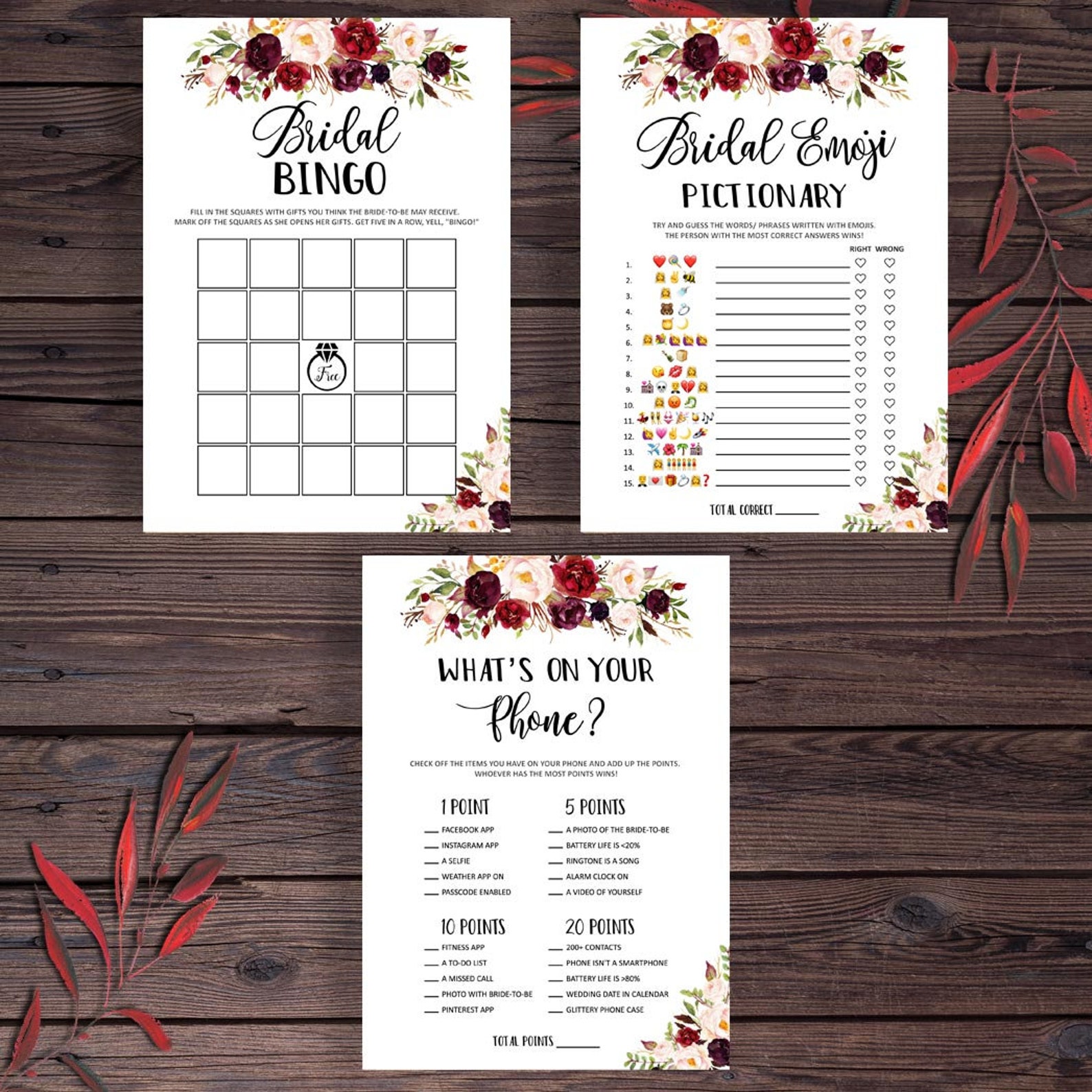 Marsala Bridal Shower Games Bundle Floral Bridal Shower | Etsy