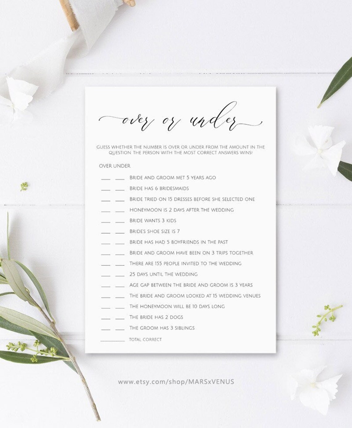 Over Or Under Bridal Shower Game Printable Bridal Shower Etsy