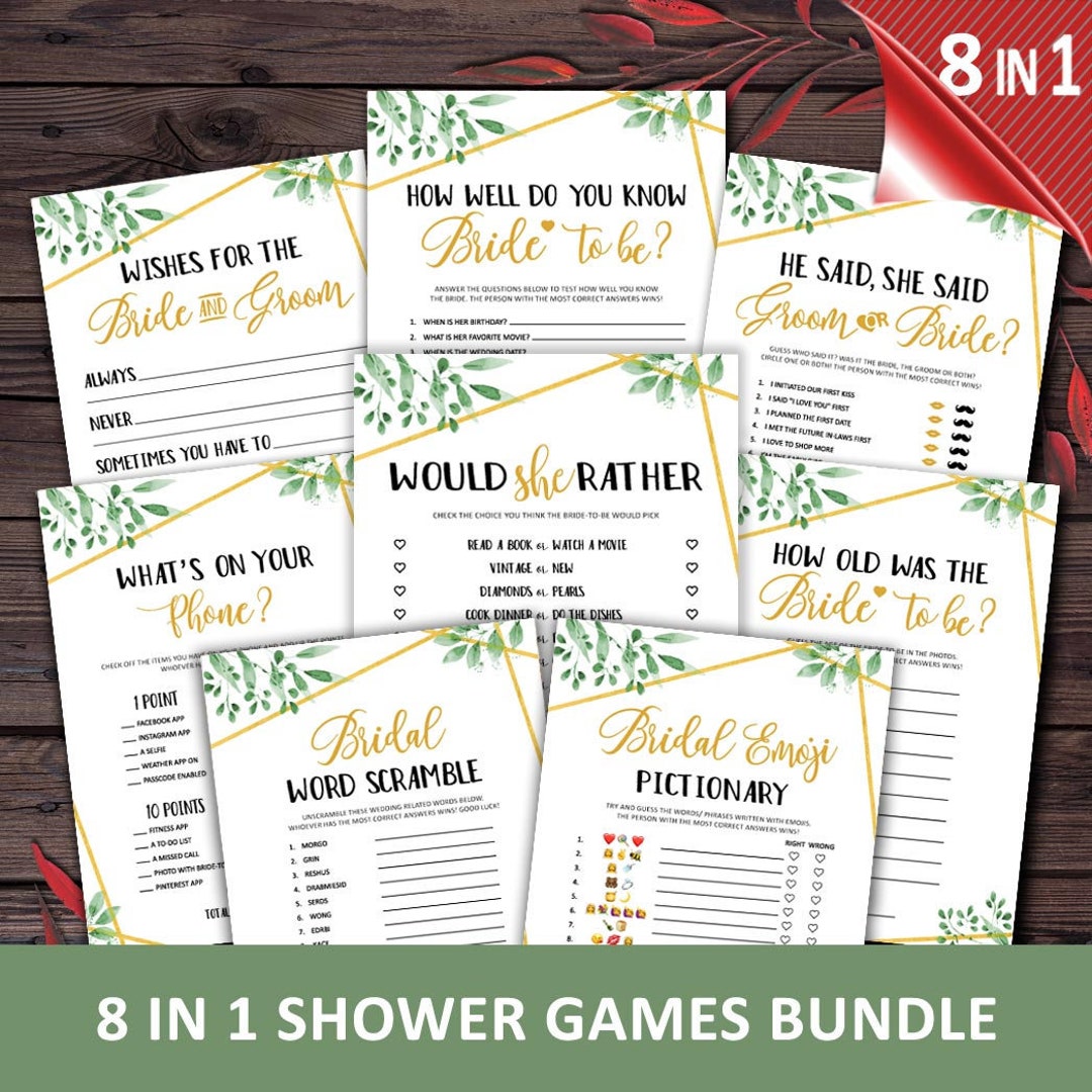 Greenery Bridal Shower Games Bundle, Bridal Shower Games Template ...