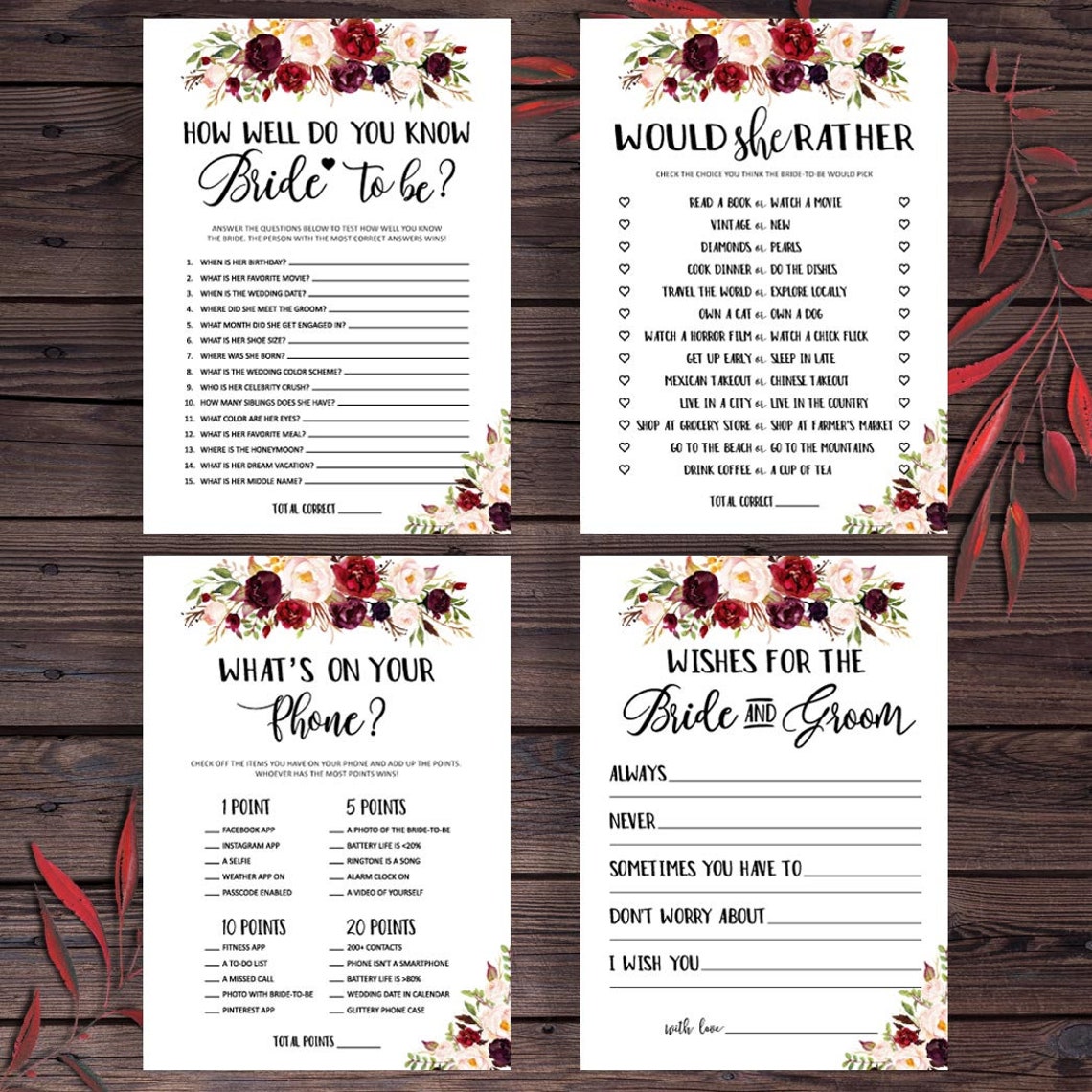 Marsala Bridal Shower Games Bundle Floral Bridal Shower - Etsy