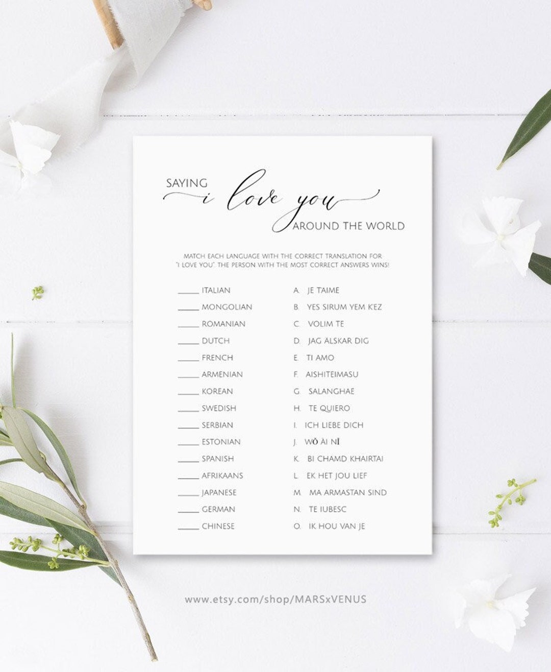 I Love You Around the World, Printable Bridal Shower Games, Modern ...
