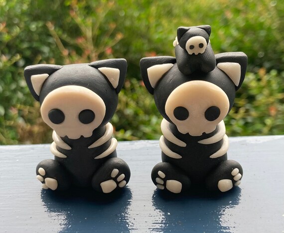 Skelecat Desk Buddy Skeleton Cat Figure Polymer Clay Figure | Etsy