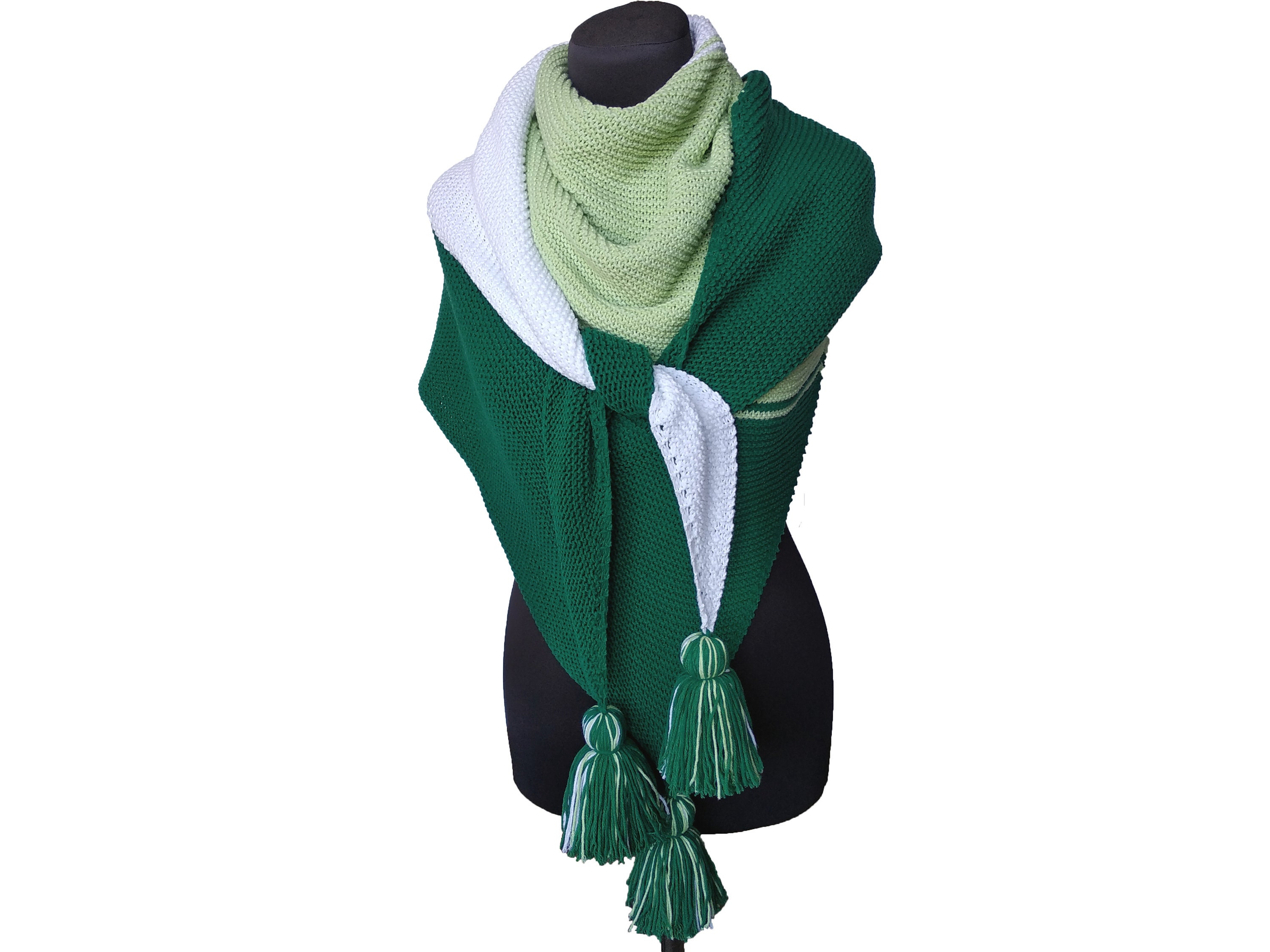Green White Triangle Shawl With Tassels in Soft Cotton Acrylic - Etsy