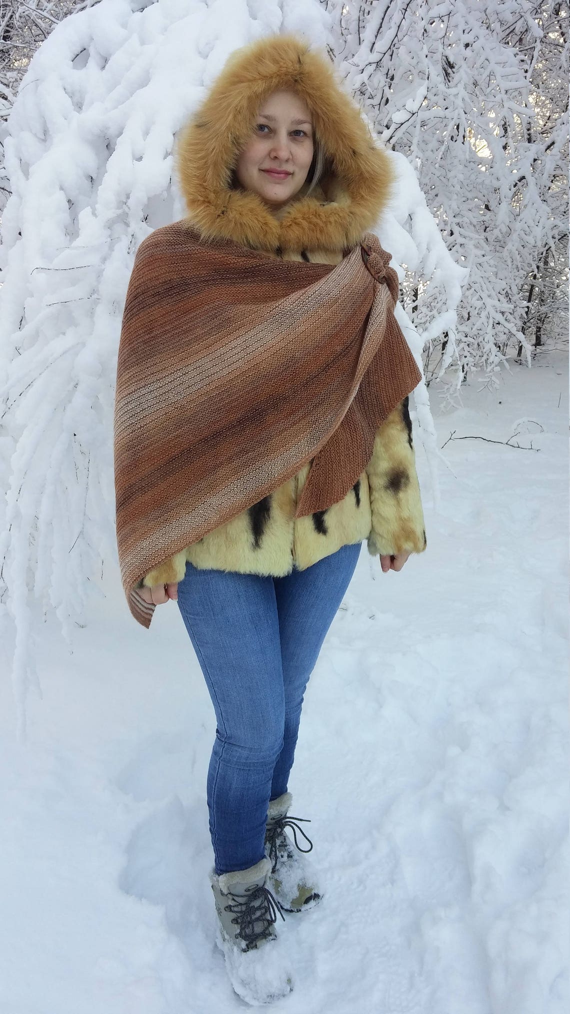 Triangle Shawl Knit of Mohair Yarn in Caramel Brown Colour for Women ...