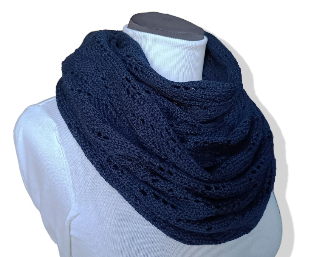 Warm and Soft Knitted Merino Wool Infinity Scarf for Her Dark Ink Blue ...