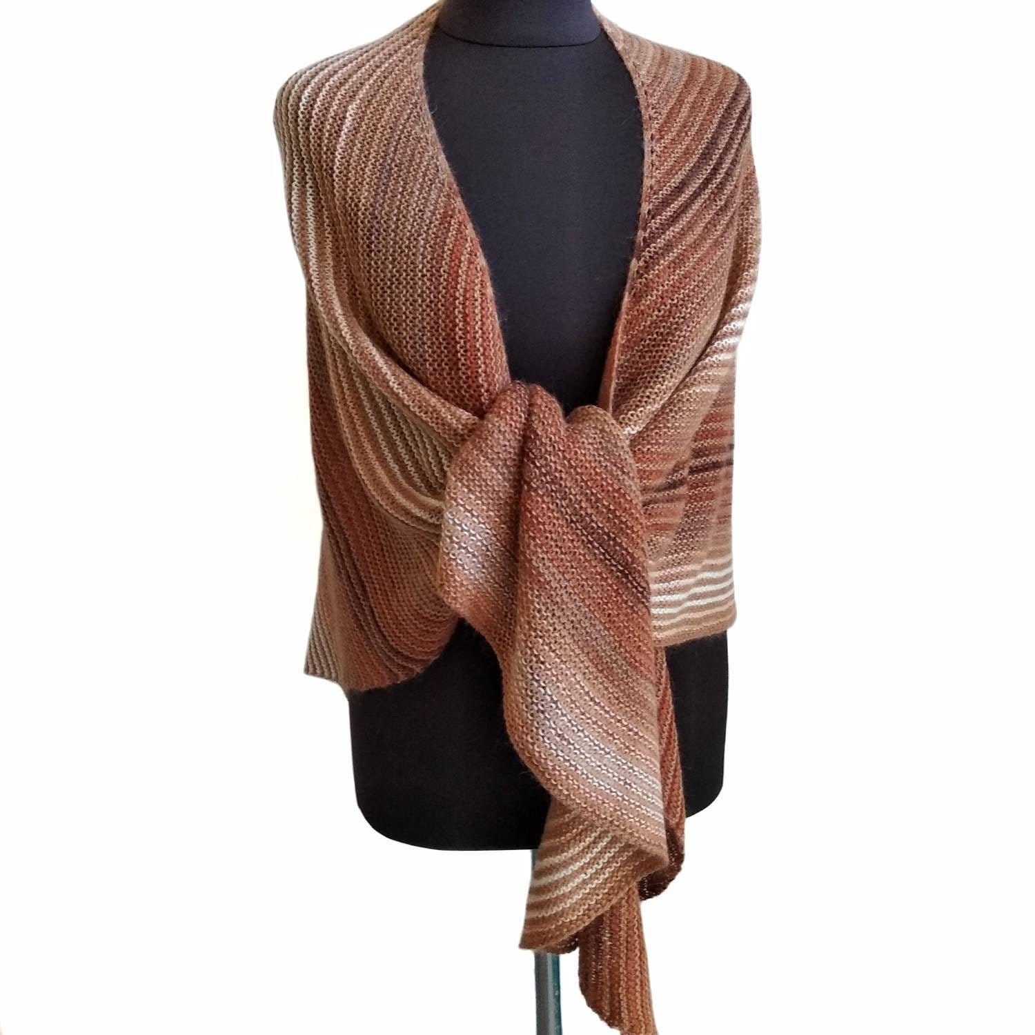 Triangle Shawl Knit of Mohair Yarn in Caramel Brown Colour for Women ...