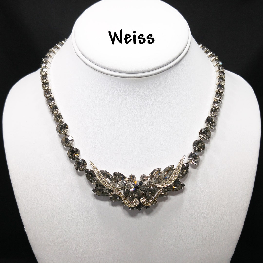 Weiss Black Diamond Rhinestone Necklace, Rhodium Plating, 1960s Vintage ...