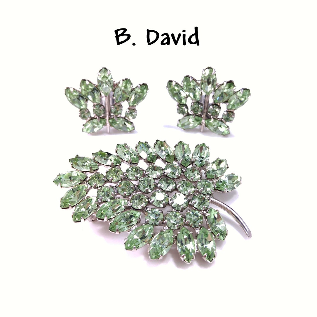 B. David Peridot Rhinestone Brooch & Earrings, Silver Tone, 1950s ...