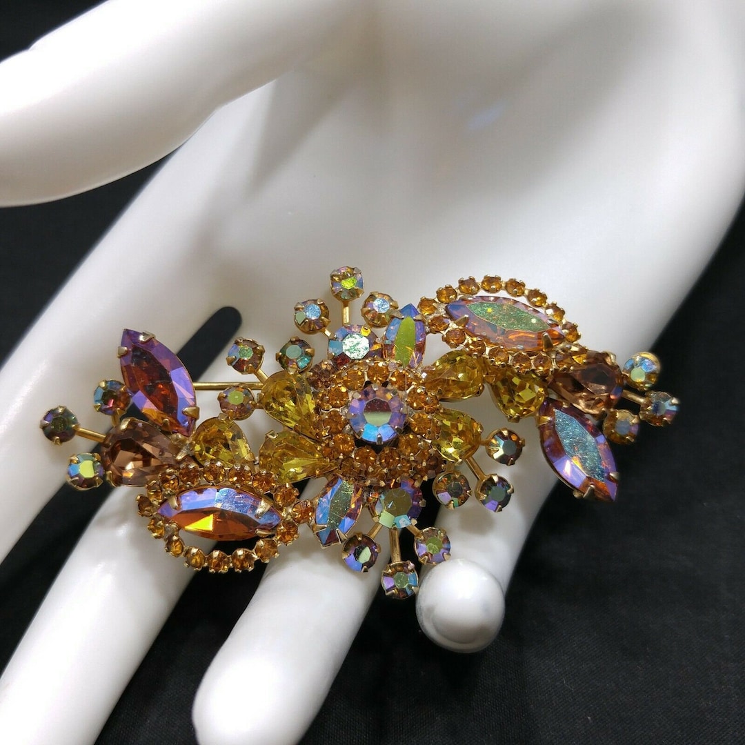 Vintage Carnival Glass Rhinestone Brooch, Mid-century, Gold Plated ...