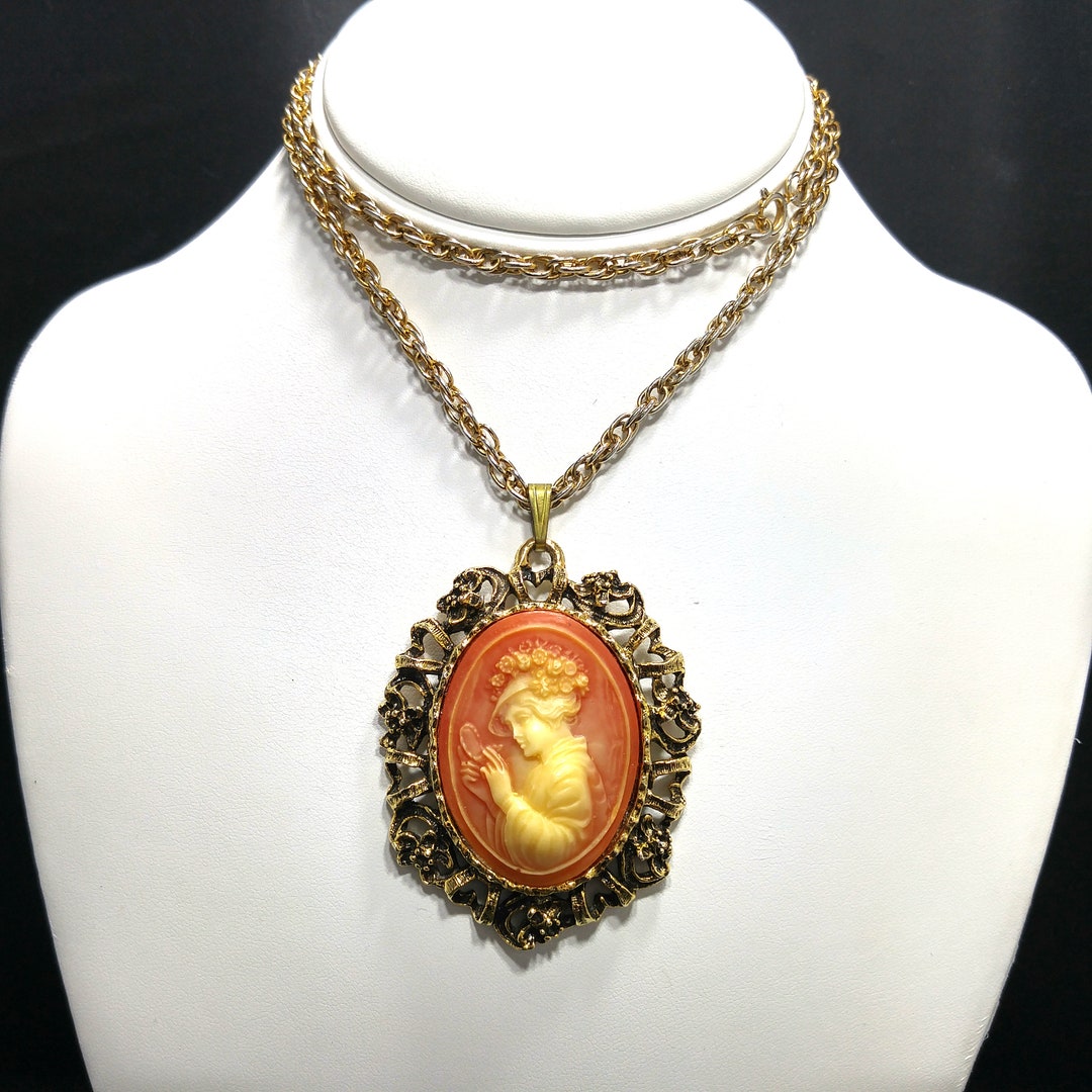 Victorian Style Cameo Pendant Necklace, Mirror Back, 1960s Vintage ...