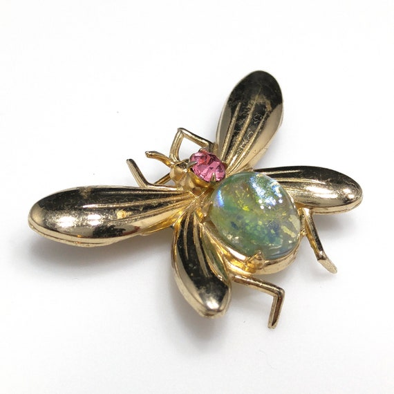 Vintage Lucite Insect Brooch, Gold Flakes, Pink Rhine… - Gem